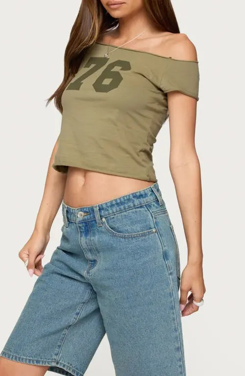 EDIKTED Off-the-shoulder Stretch-cotton Crop Top - Olive