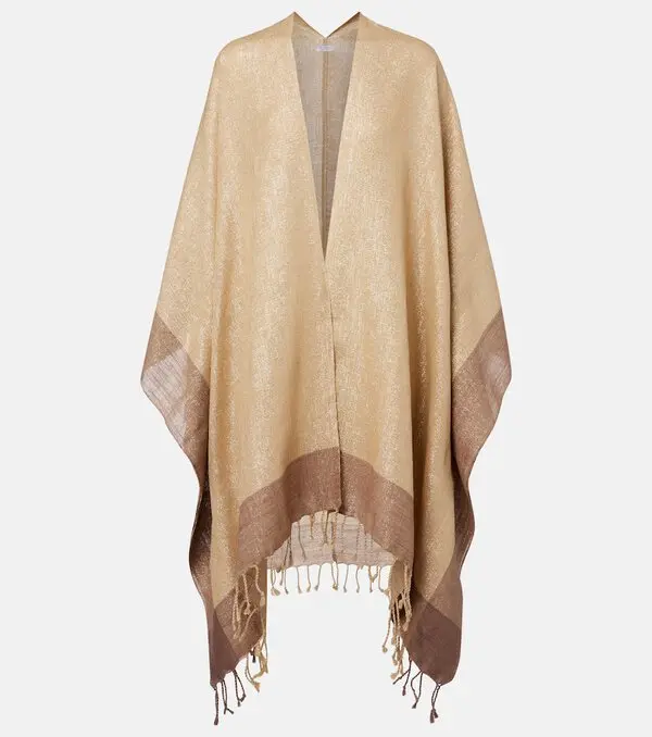 Brunello Cucinelli Fringed Linen-blend Lamé Poncho - Beige