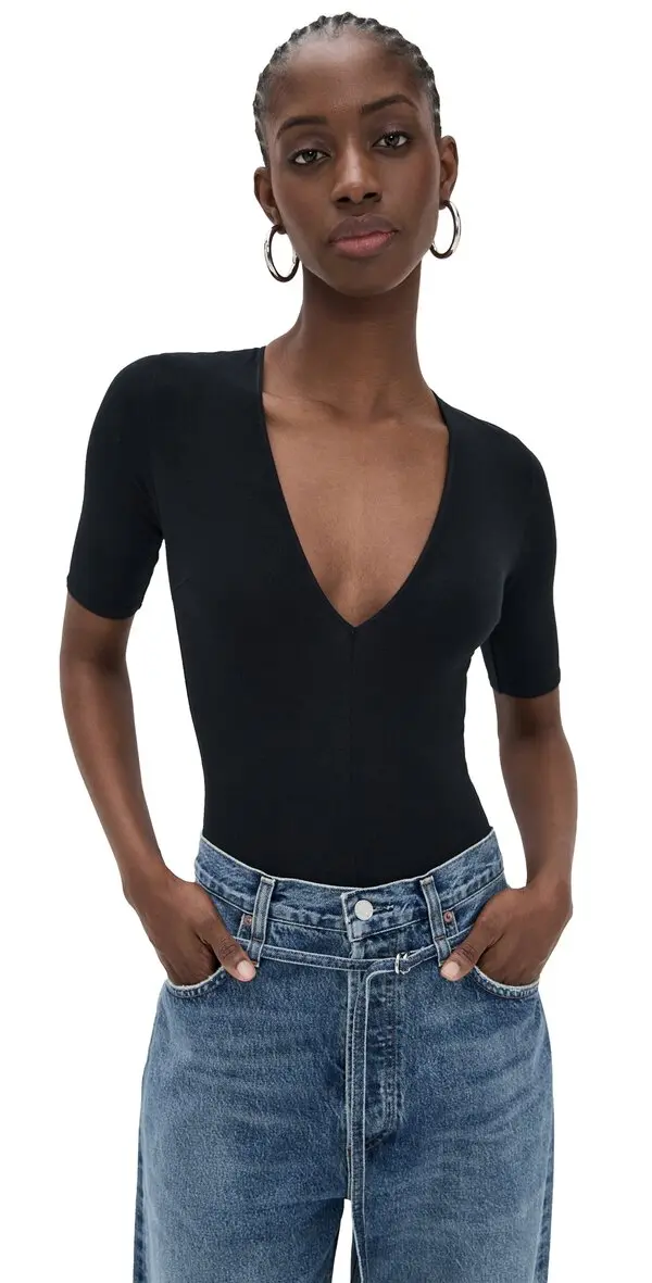 FLEUR DU MAL Cotton Deep V Thong Bodysuit - Black