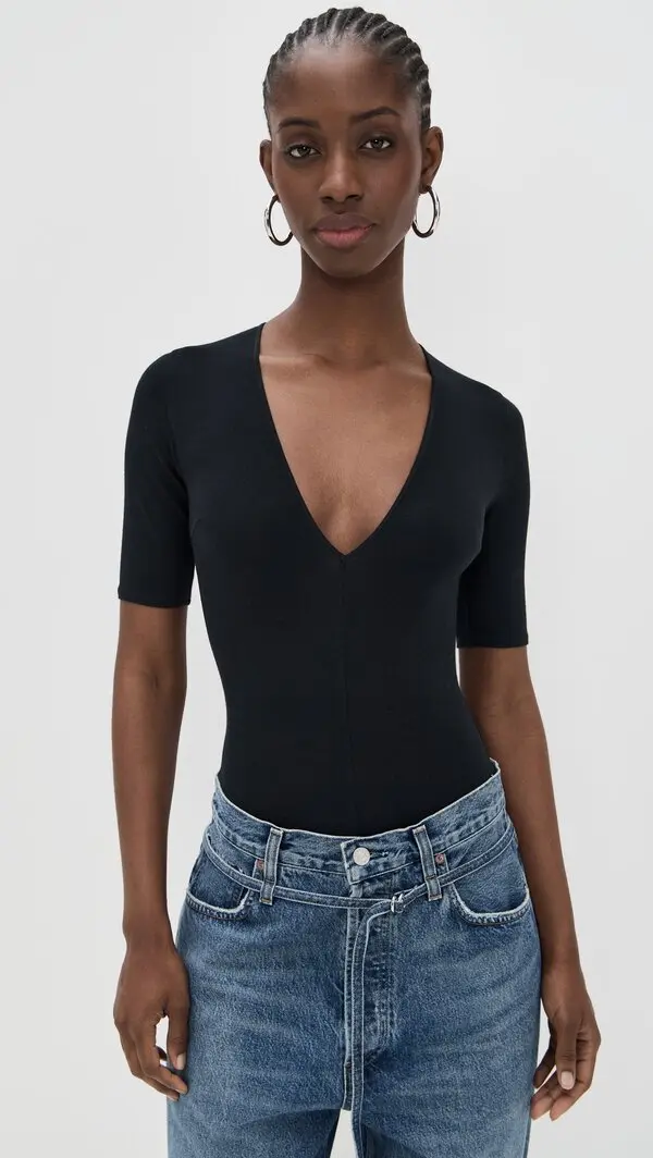 FLEUR DU MAL Cotton Deep V Thong Bodysuit - Black