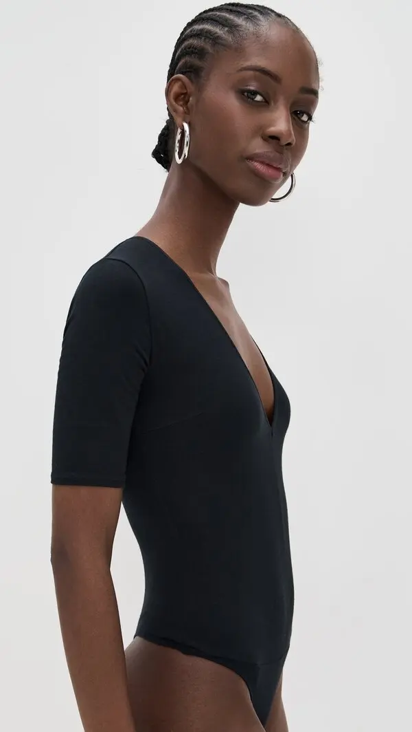 FLEUR DU MAL Cotton Deep V Thong Bodysuit - Black