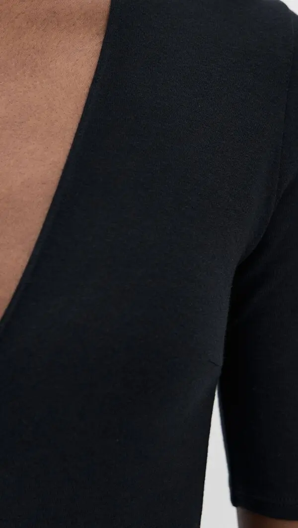 FLEUR DU MAL Cotton Deep V Thong Bodysuit - Black