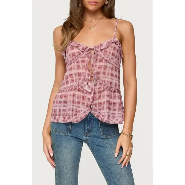 EDIKTED Ruffle Tie Front Chiffon Camisole