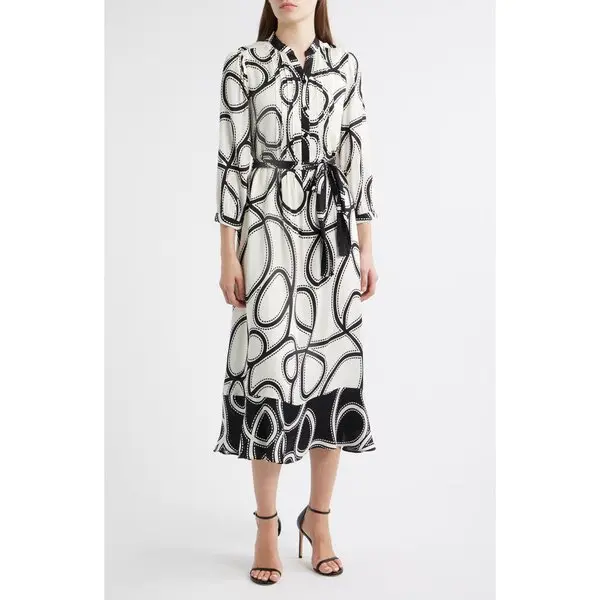 Elie Tahari Mila Print Long Sleeve Silk Blend Midi Shirtdress - Dotted Scroll
