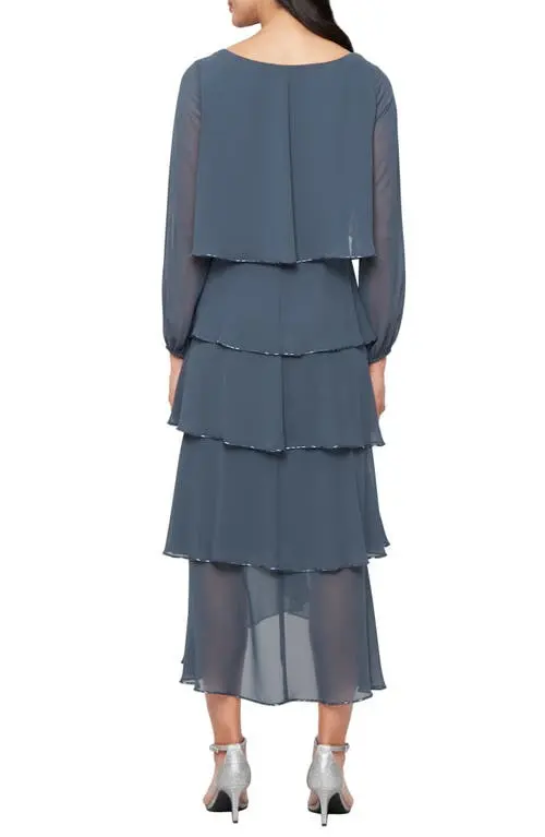 SL FASHIONS Beaded Long Sleeve Tiered Cocktail Dress