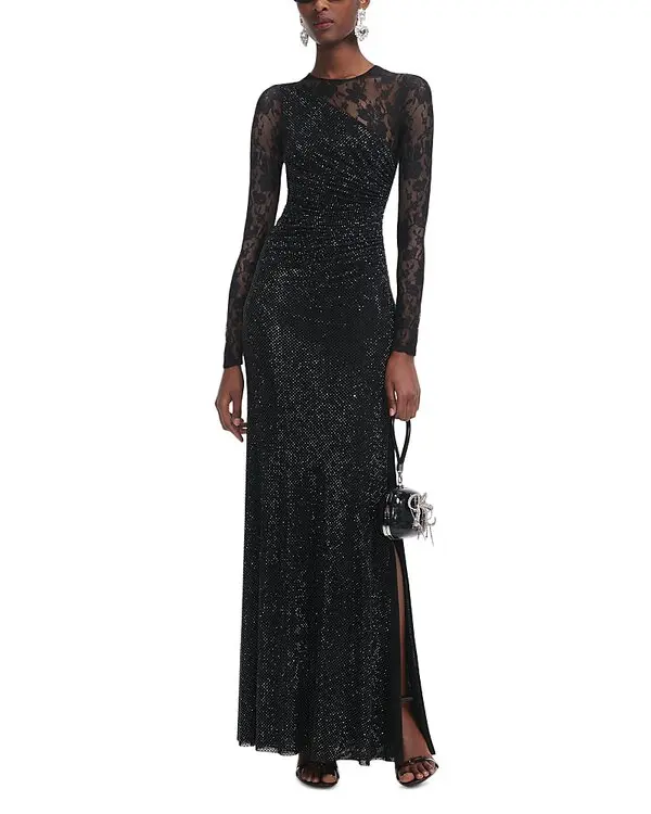 SELF-PORTRAIT Rhinestone Lace Sleeve Maxi Dress - Black