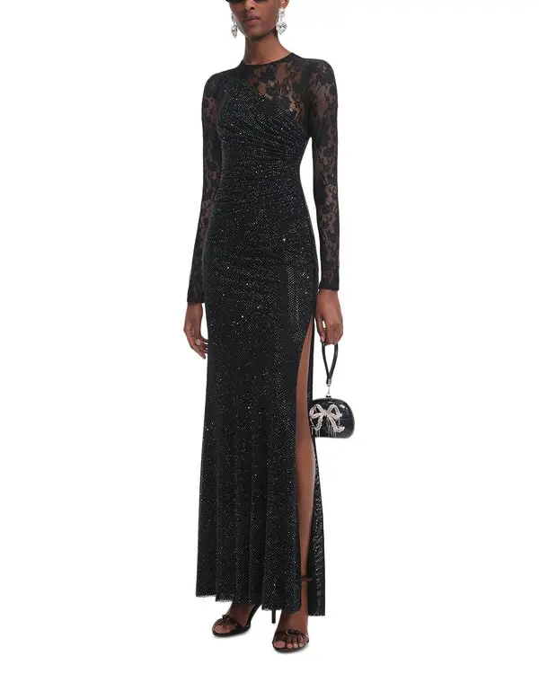 SELF-PORTRAIT Rhinestone Lace Sleeve Maxi Dress - Black