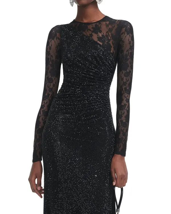 SELF-PORTRAIT Rhinestone Lace Sleeve Maxi Dress - Black
