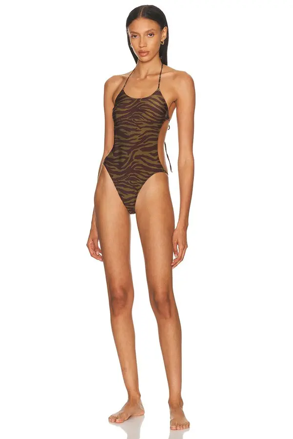 Attico Zebra Printed One Piece Swimsuit - Dark Green & Dark Brown