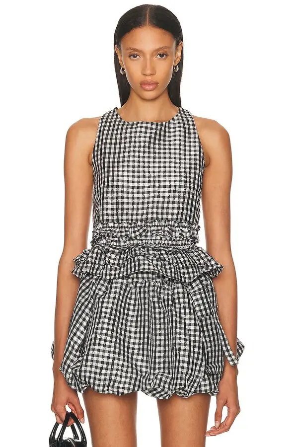 GANNI Check Open Back Frill Top