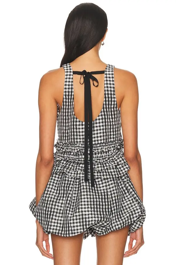 GANNI Check Open Back Frill Top