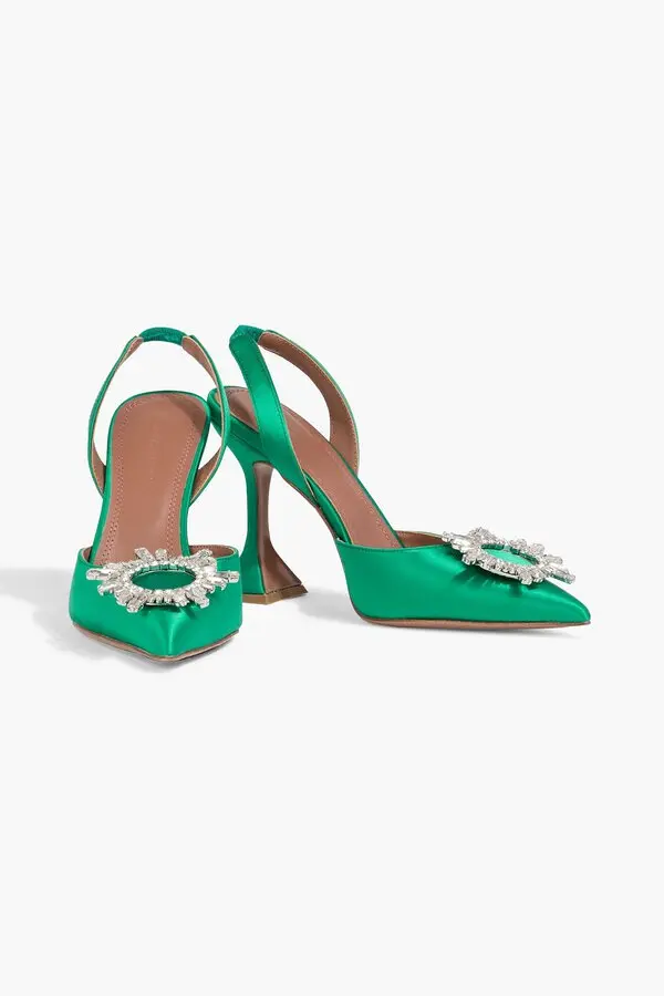Amina Muaddi Begum Embellished Satin Slingback Pumps - Emerald