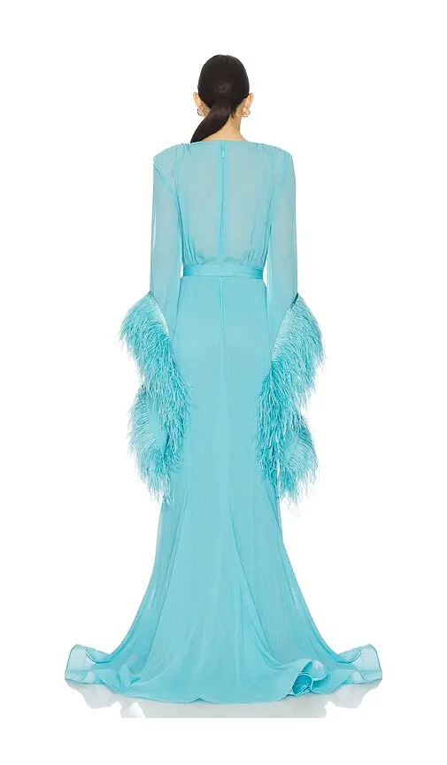 BRONX BANCO Geisha V Neck Gown With Feather Trim