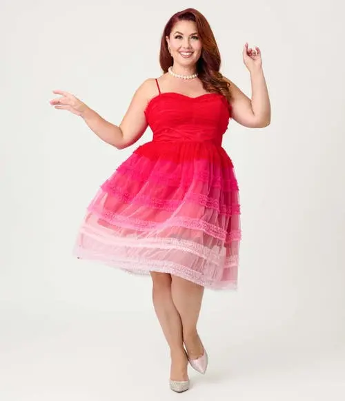 Unique Vintage Tiered Sheer Swing Dress - Red & Pink Ombre