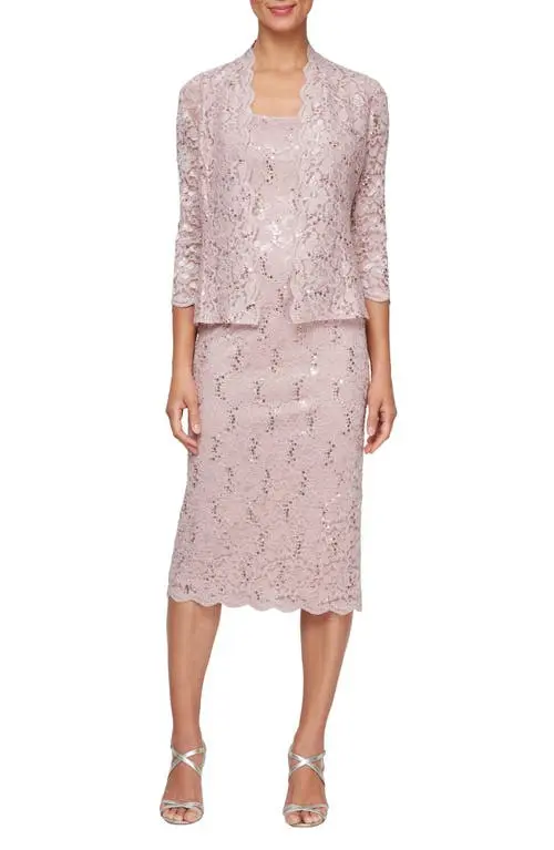 SL FASHIONS Lace Dress And Jacket Set - Blush