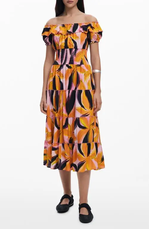 Desigual Abstract Print Off-the-shoulder Midi Dress