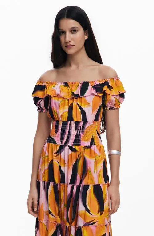 Desigual Abstract Print Off-the-shoulder Midi Dress