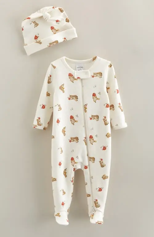 Nordstrom Print Zip Footie & Beanie Set - Ivory- Yellow Honey Bears
