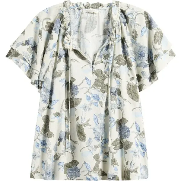 Treasure & Bond Shirred Botanical Print Linen Blend Top - Ivory- Blue B Daisy Tapestry