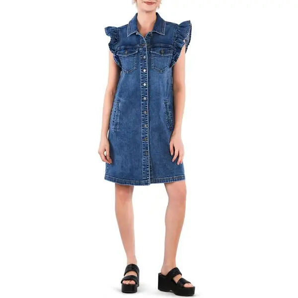 WASH LAB DENIM Ruffle Cap Sleeve Denim Dress