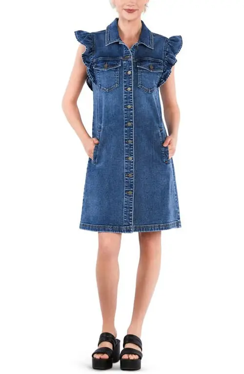 WASH LAB DENIM Ruffle Cap Sleeve Denim Dress