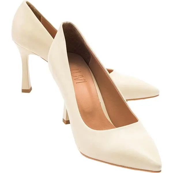 PROLOGUE SHOES Pointed Toe Stiletto Pumps - Cream Beige Faux Leather