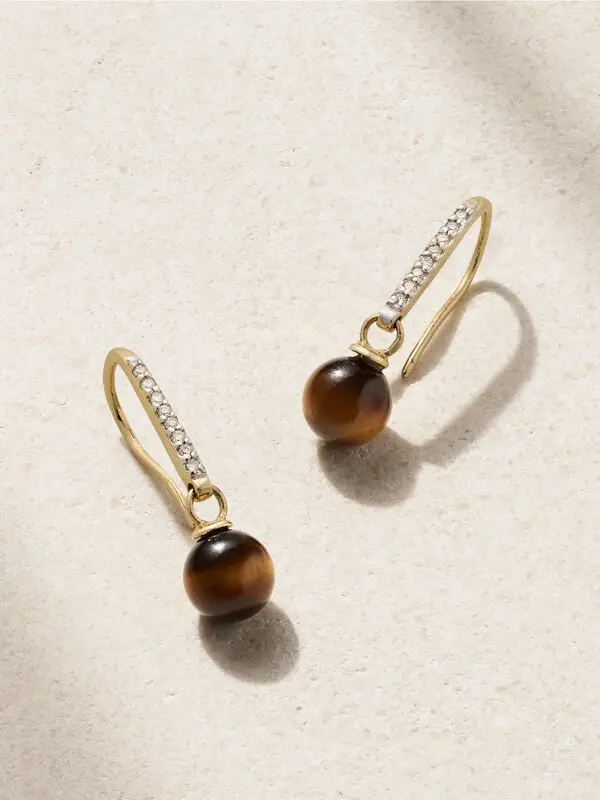 Mateo 14-karat Tiger's Eye And Diamond Drop Earrings - Gold