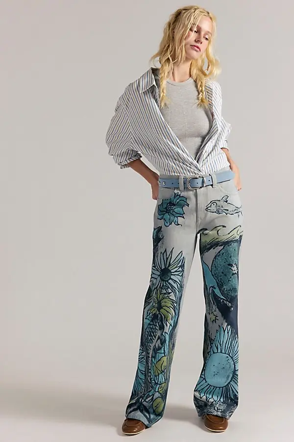 Free People We The Free Tinsley Printed Straight Leg Jeans - Seashore Combo