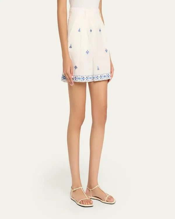 EMPORIO SIRENUSE Beatrice Astragal Embroidered Linen Shorts