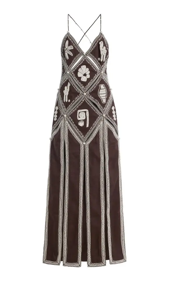 ALEMAIS Leandra Embroidered Linen-silk Midi Dress - Brown