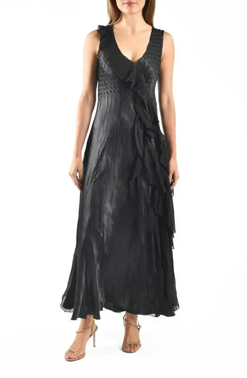 Komarov Side Ruffle Charmeuse & Chiffon Gown