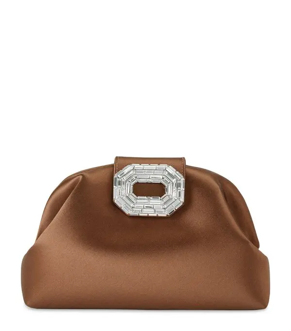 Amina Muaddi Satin Camelia Clutch Bag With Embellished Clasp And Chain Strap