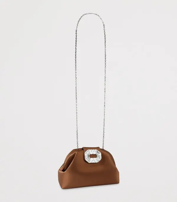 Amina Muaddi Satin Camelia Clutch Bag With Embellished Clasp And Chain Strap