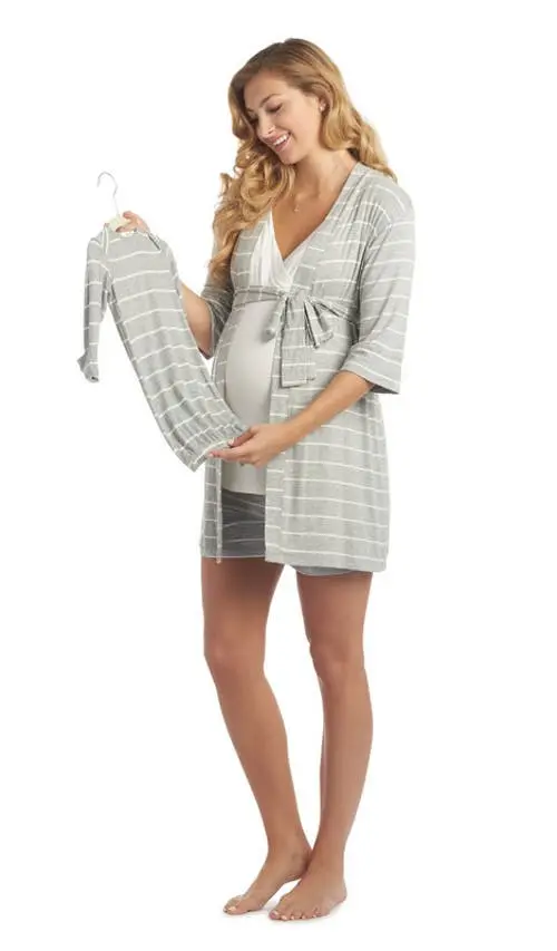 EVERLY GREY Adaline During & After 5-piece Maternity/nursing Sleep Set For Mom & Baby - Heather Grey Stripe