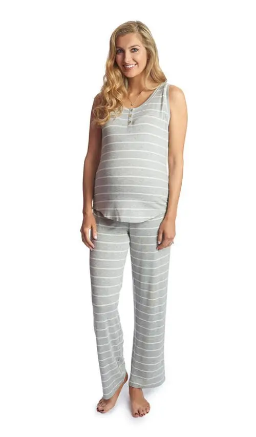 EVERLY GREY Joy During & After 2-piece Maternity/nursing Sleep Set - Heather Grey Stripe