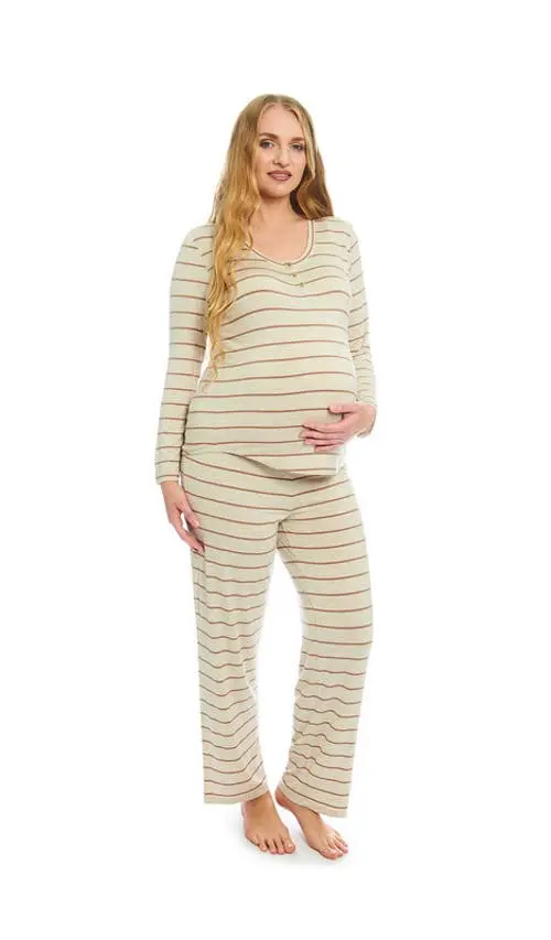 EVERLY GREY Laina During & After 2-piece Maternity/nursing Sleep Set - Mocha Stripe