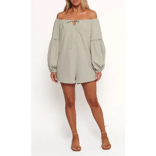 PETAL & PUP Off-the-shoulder Long Sleeve Romper - Sage
