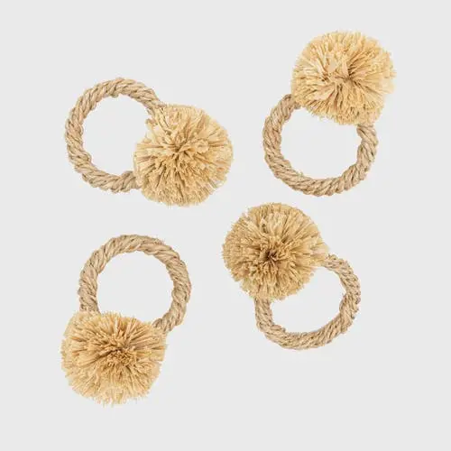 JOANNA BUCHANAN Straw Pompom Napkin Rings - Natural