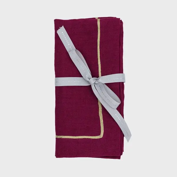 JOANNA BUCHANAN Gold Trim Linen Dinner Napkin - Burgundy
