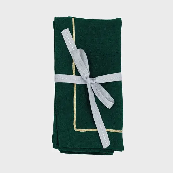 JOANNA BUCHANAN Gold Trim Linen Dinner Napkin - Dark Green