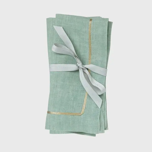 JOANNA BUCHANAN Gold Trim Linen Dinner Napkin - Light Green