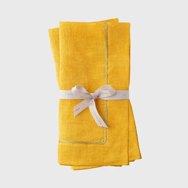 JOANNA BUCHANAN Gold Trim Linen Dinner Napkin - Yellow