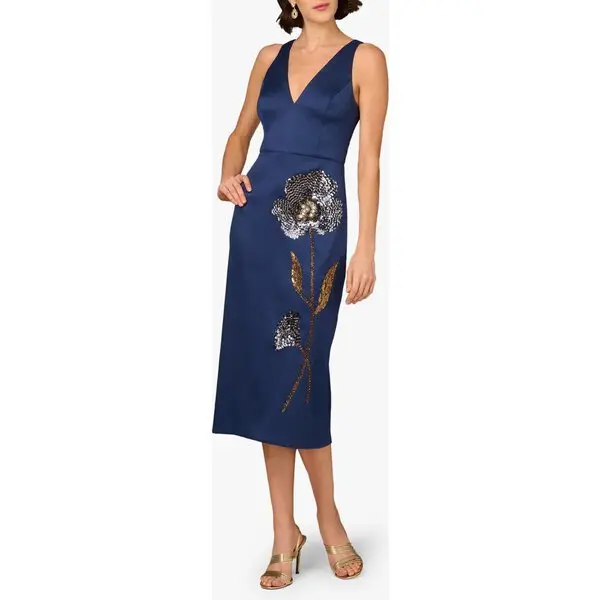 Aidan Mattox Beaded V-neck Midi Dress - Navy