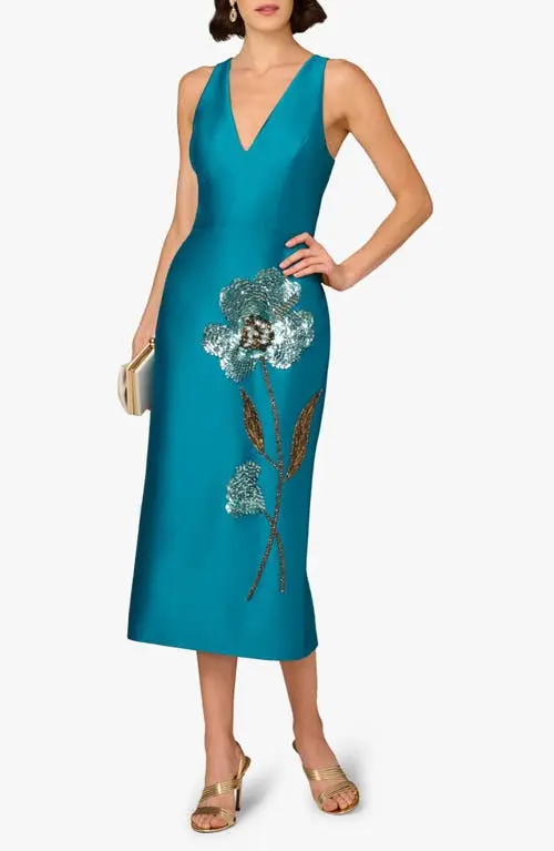 Aidan Mattox Beaded V-neck Midi Dress