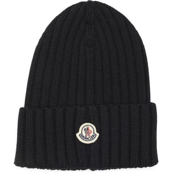 Moncler Logo Patch Ribbed Wool Beanie - Black