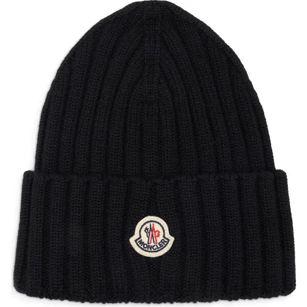 Moncler Logo Patch Ribbed Wool Beanie - Black/black