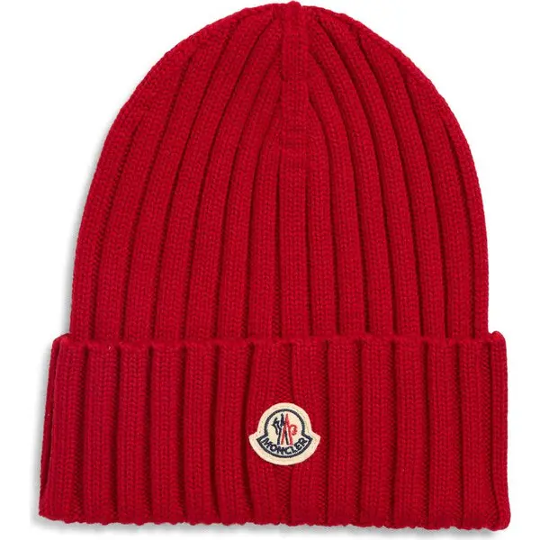 Moncler Logo Patch Ribbed Wool Beanie - Fire Red