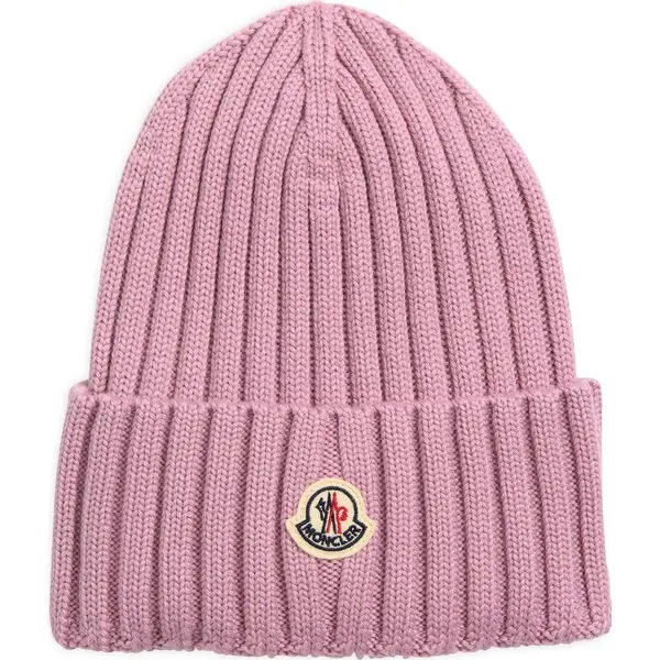 Moncler Logo Patch Ribbed Wool Beanie - Pink