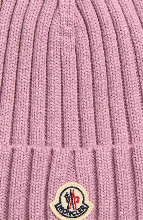 Moncler Logo Patch Ribbed Wool Beanie - Pink