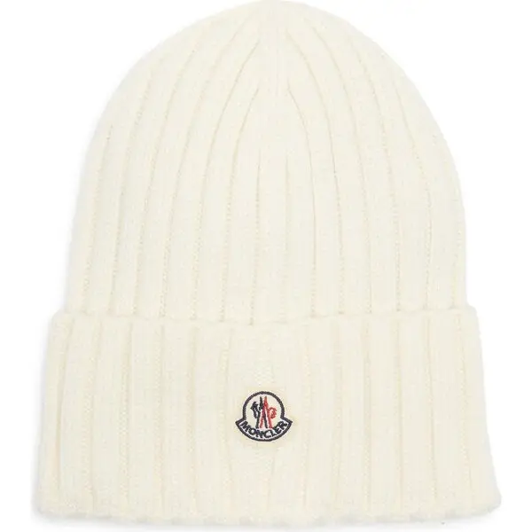 Moncler Logo Patch Ribbed Wool Beanie - White